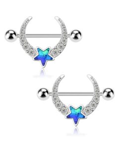 melighting 14g nipple piercing jewelry, 316l surgical steel barbell with clear cz moon blue star, unisex piercing jewelry for women and men