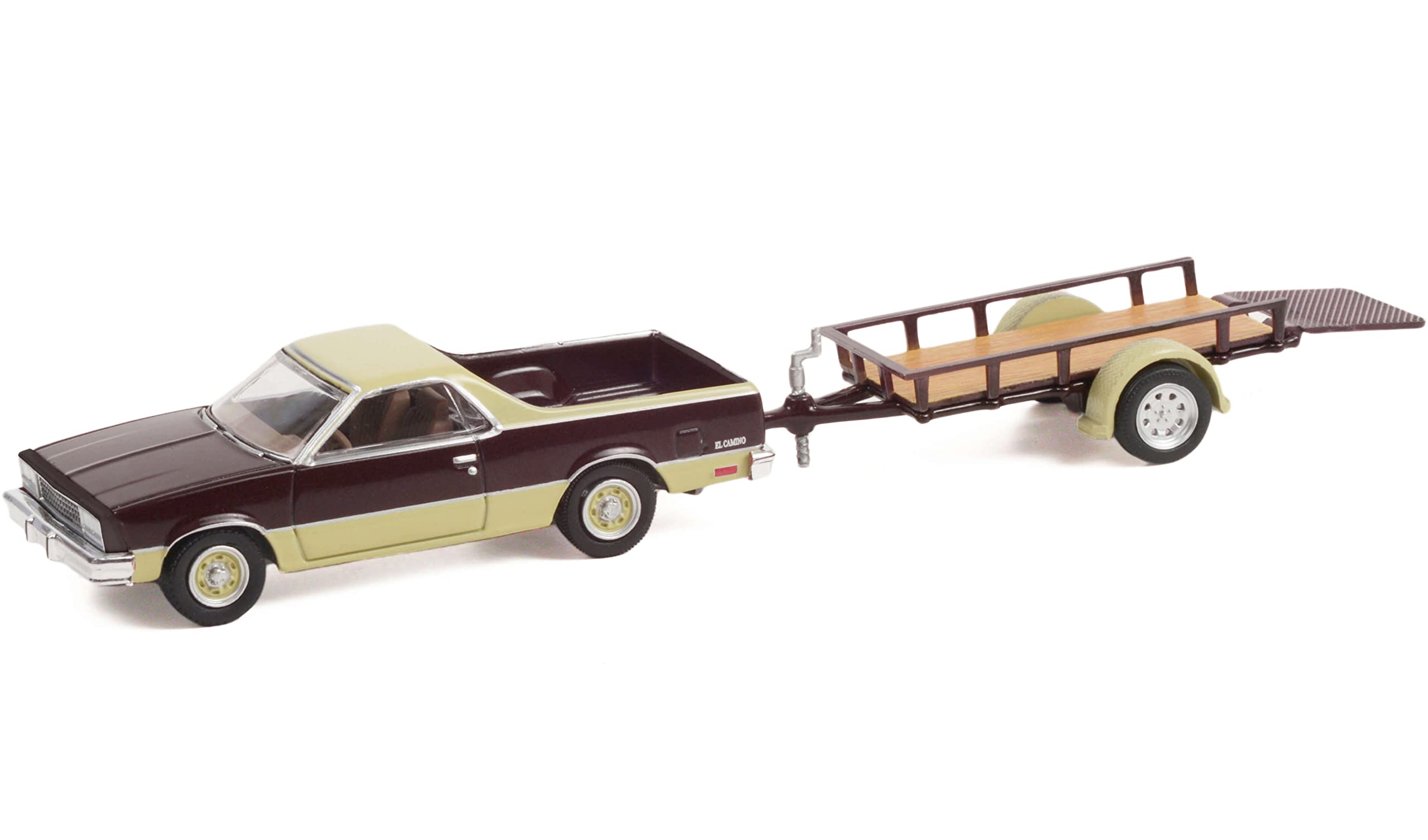 1984 Chevy El Camino Conquista Maroon Metallic and Beige with Utility Trailer Hitch & Tow Series 24 1/64 Diecast Model Car by Greenlight 32240 B