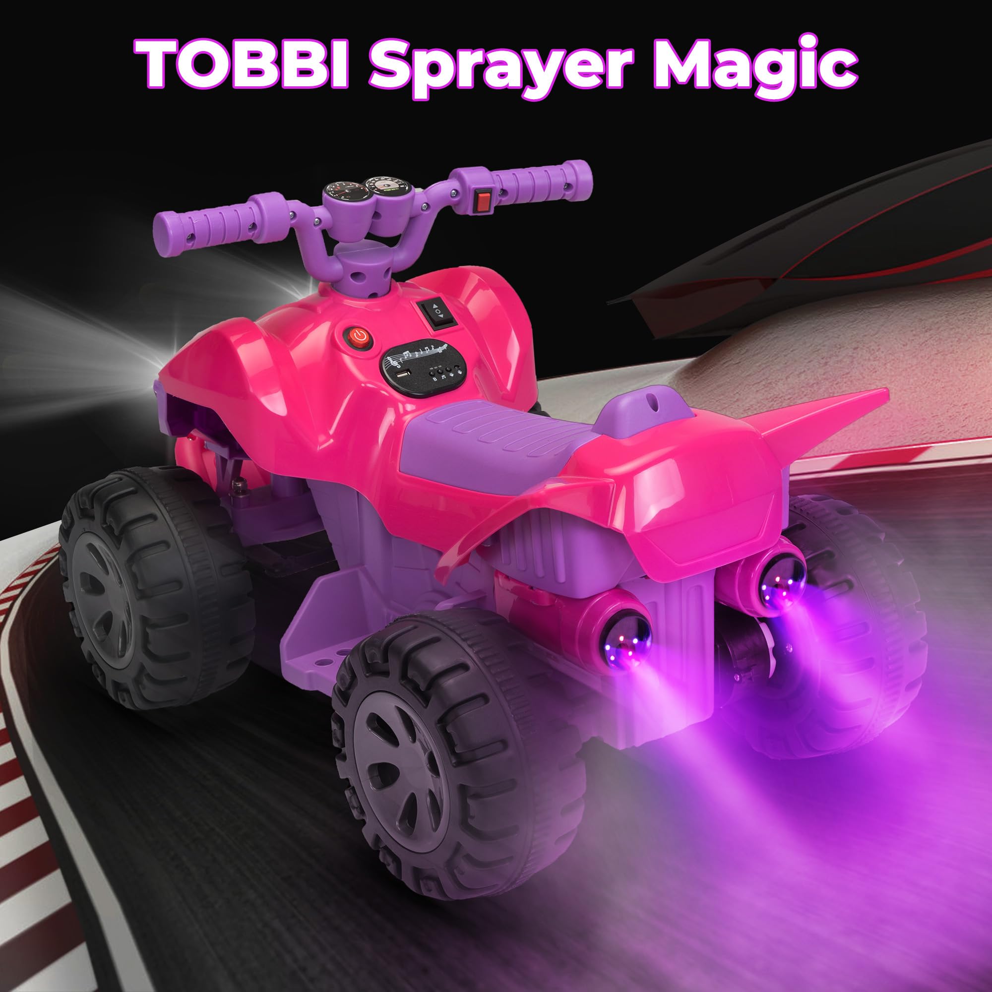 TOBBI Ride On ATV with Sprayer Magic for Kids, 6V 4 Power Wheels Ride On Toy Battery Electric Vehicles with Spray Mist LED Lights, Radio & Music for Toddlers Children Aged 1-3 Pink