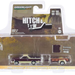 1984 Chevy El Camino Conquista Maroon Metallic and Beige with Utility Trailer Hitch & Tow Series 24 1/64 Diecast Model Car by Greenlight 32240 B