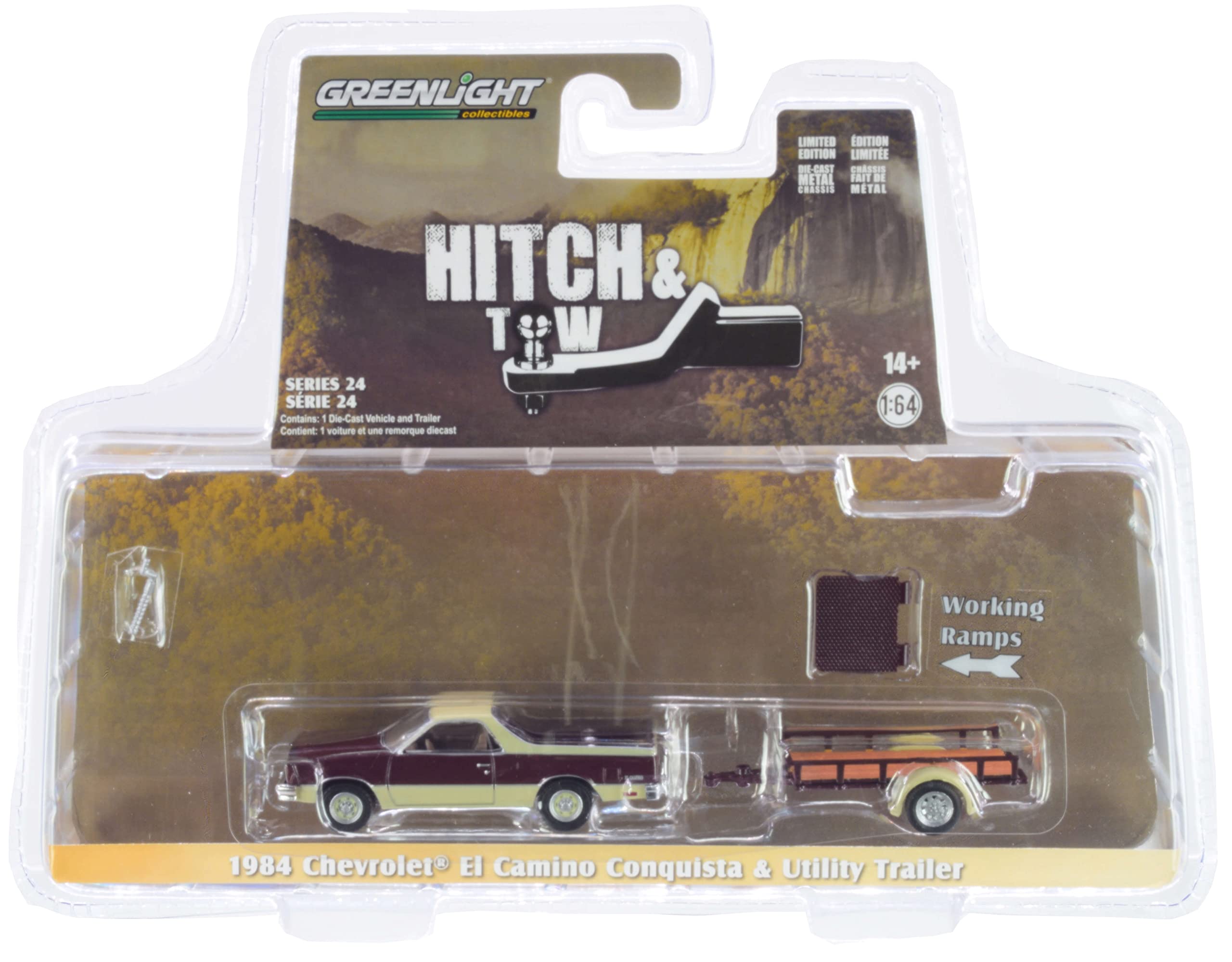 1984 Chevy El Camino Conquista Maroon Metallic and Beige with Utility Trailer Hitch & Tow Series 24 1/64 Diecast Model Car by Greenlight 32240 B