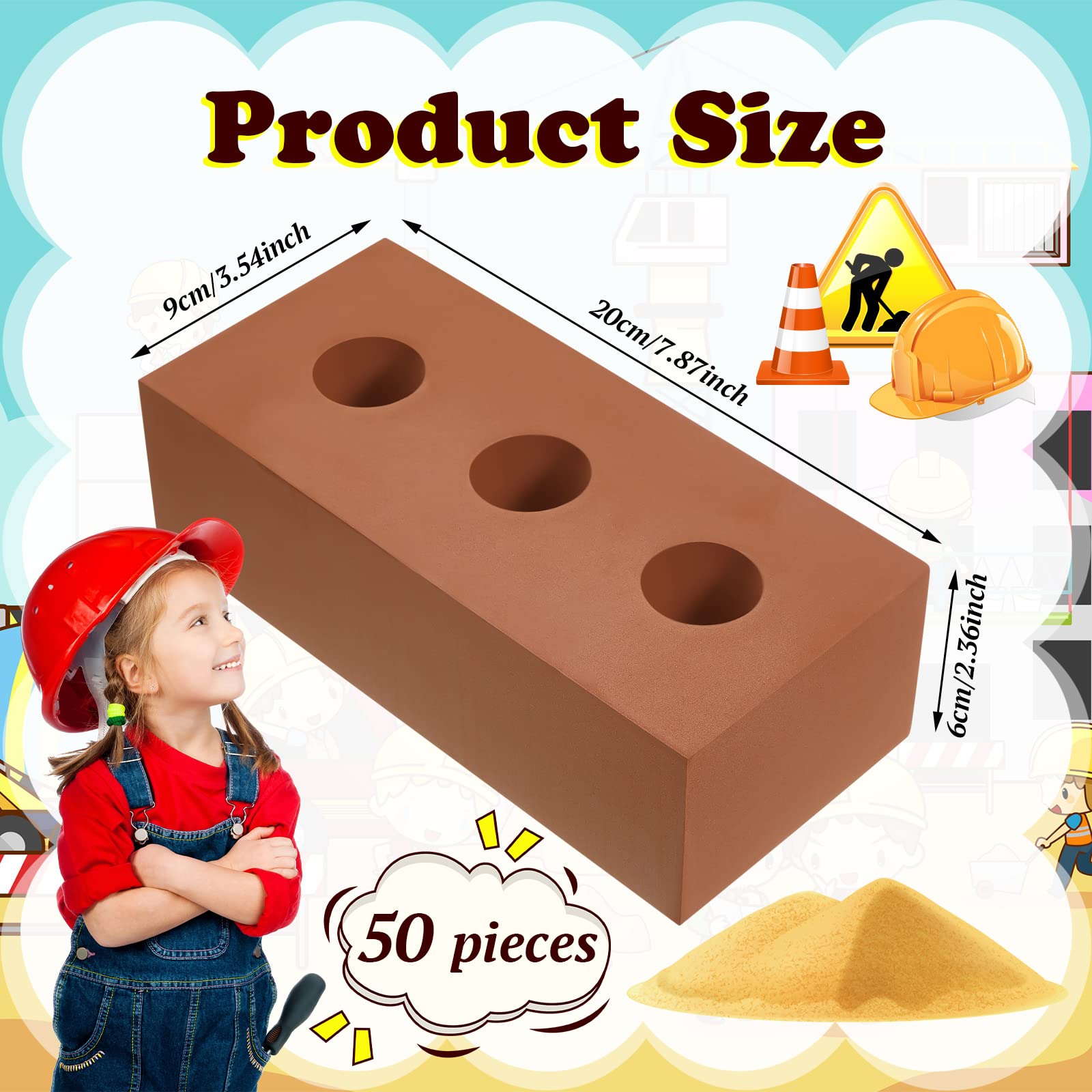 Zhanmai 50 Pack Foam Brick Building Blocks for Kids Thick Foam Cinder Blocks Large Fake Bricks Foam Toy Construction Blocks for Stacking and Construction 8 x 4 x 2.4 (Round)