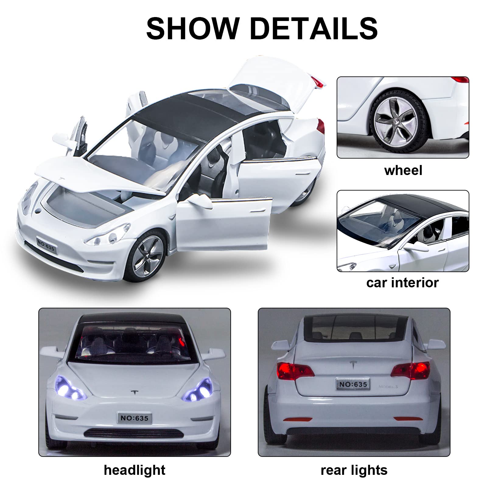 1/32 Scale Diecast Car Model, Pull Back Vehicles Toy Car with Sound and Light, Zinc Alloy Toy Car for Collectors & Boys or Girls 3+ Years Old (Model 3 -White)