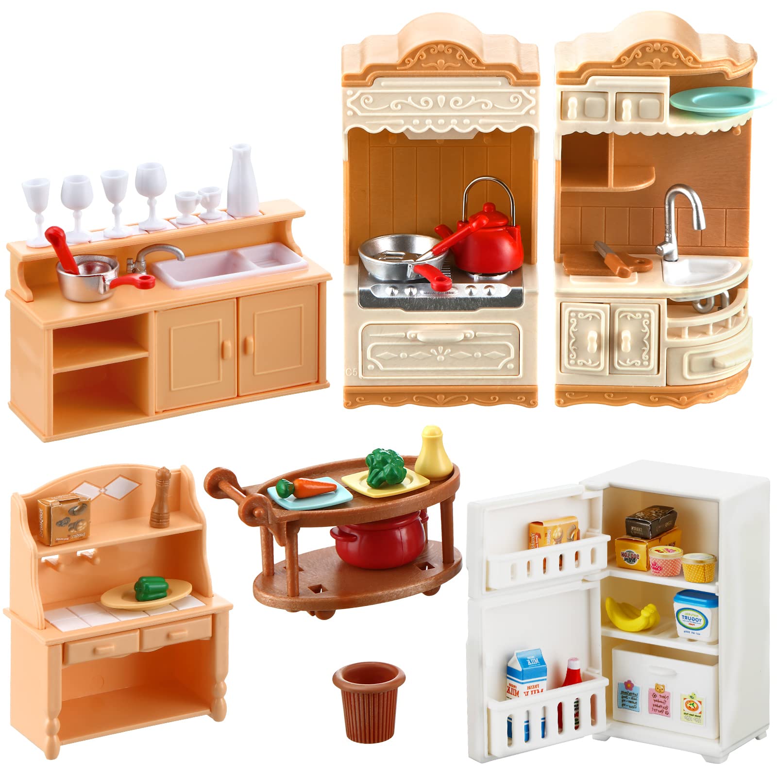 Chivao 43 Pcs Dollhouse Furniture Kitchen Play Set Miniature Refrigerator with Mini Food Pots and Pans Set Pretend Play Kitchen Accessories Kitchen Toys