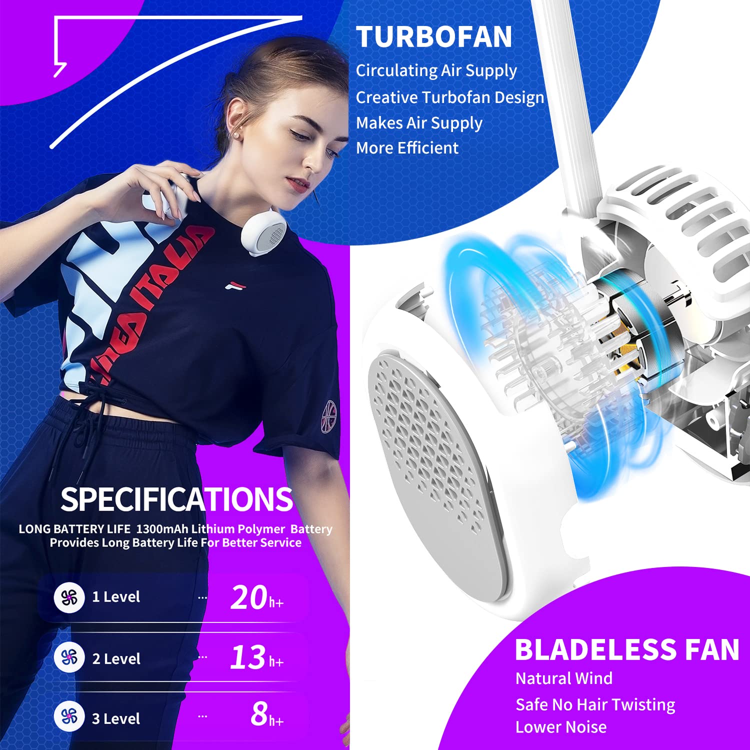 Alioth Portable Neck Fan - Hands Free, Bladeless, 360° Rotatable Battery Operated Wearable Personal Fan, 3 Speeds Cooling, Rechargeable, Leafless, Headphone Design, Mini USB Powered Desk Fan