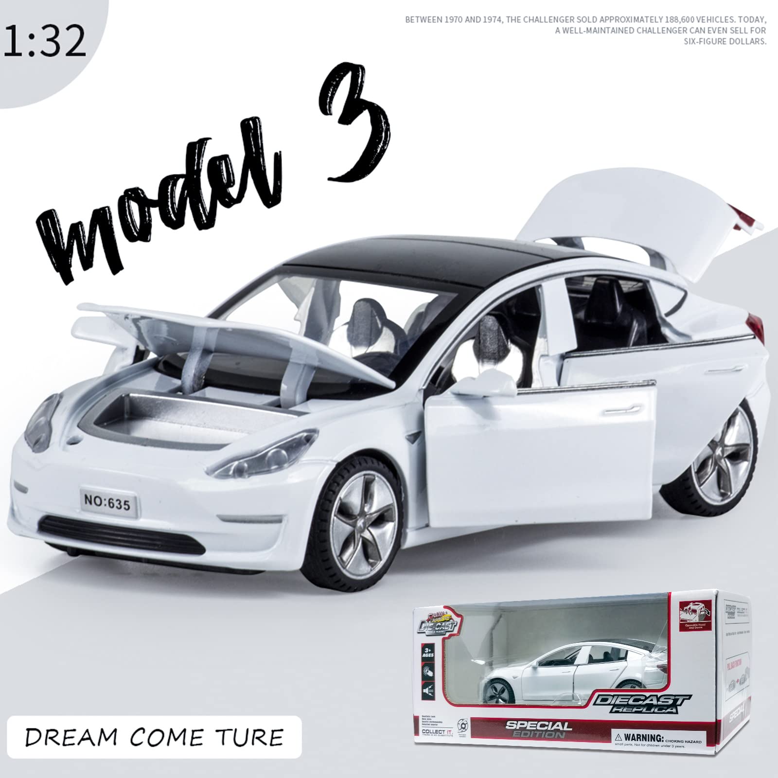 1/32 Scale Diecast Car Model, Pull Back Vehicles Toy Car with Sound and Light, Zinc Alloy Toy Car for Collectors & Boys or Girls 3+ Years Old (Model 3 -White)