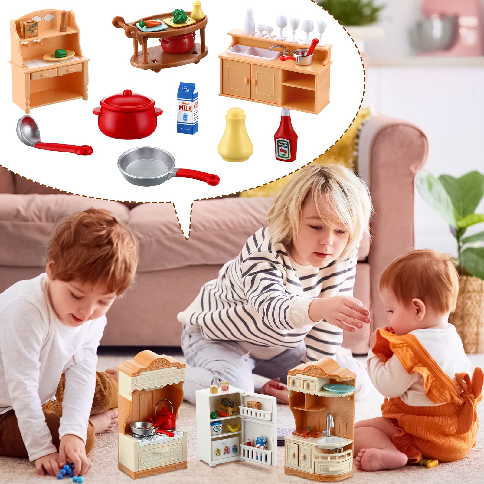 Chivao 43 Pcs Dollhouse Furniture Kitchen Play Set Miniature Refrigerator with Mini Food Pots and Pans Set Pretend Play Kitchen Accessories Kitchen Toys