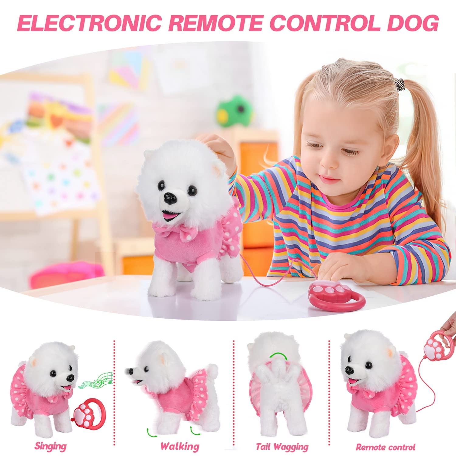 WorWoder Electronic Singing Walking and Barking Plush Dog Toy Interactive Puppy Dog with Remote Control Leash for Kids Toddler Gifts Birthday Girls Boys (White)