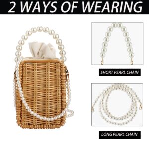 Buric Crossbody Bags for Women Beach Straw Purse Lightweight Women's Crossbody Handbags Fashion Pearl Shoulder Bag Retro Straw Handmade Bag Summer Basket Purse (Rectangle)