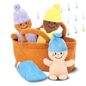 bundaloo basket of babies with realistic giggling sounds - plush baby doll set with carrier - 3 multicultural dress up dolls playset