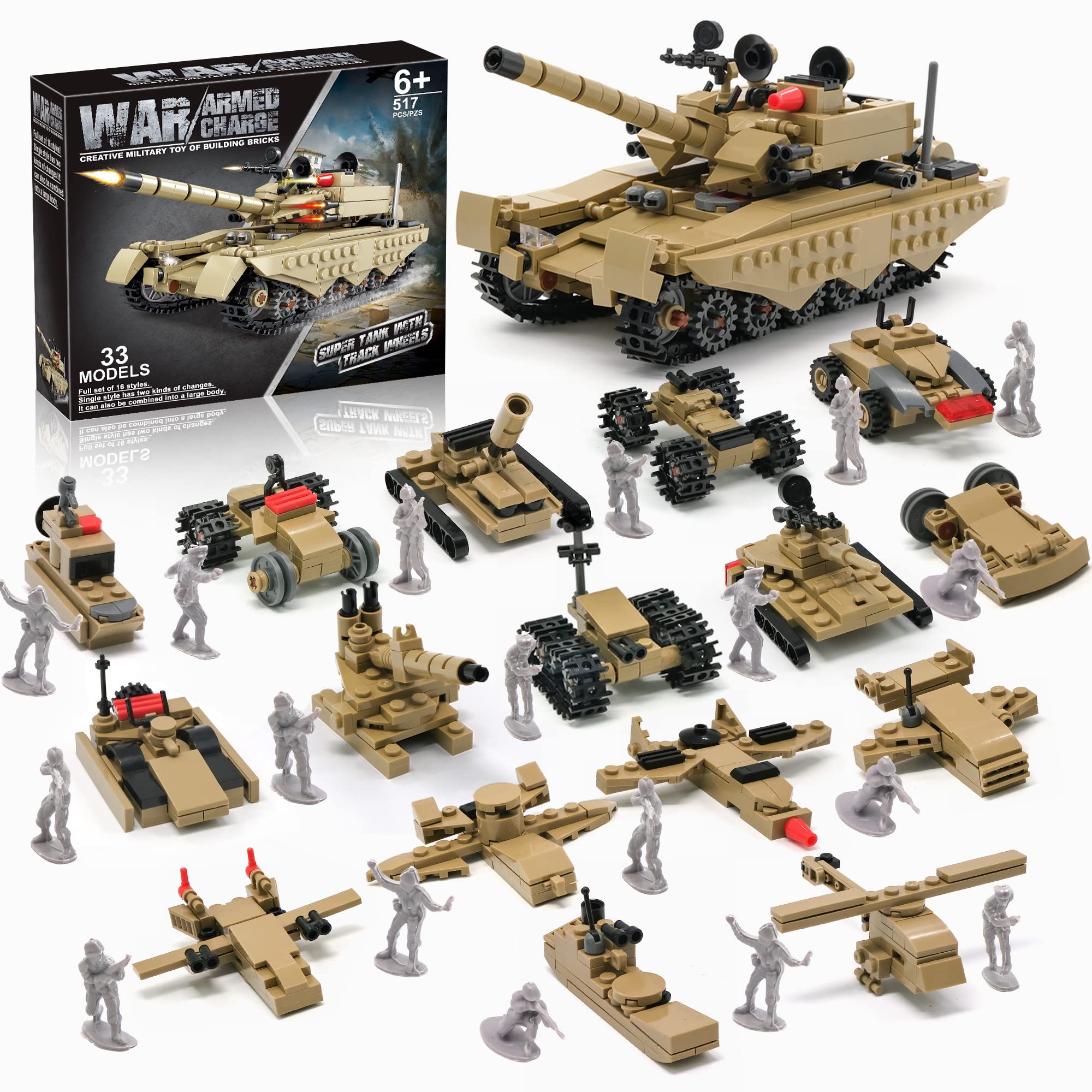 Army Tank Toy Building Blocks Set Compatible with Lego, Create a Armored Tank or 16 Small Military Models, with Toy Soldiers, Great Army Men Toys Gifts for Boys Kids and Teens Age 6+ Year Old