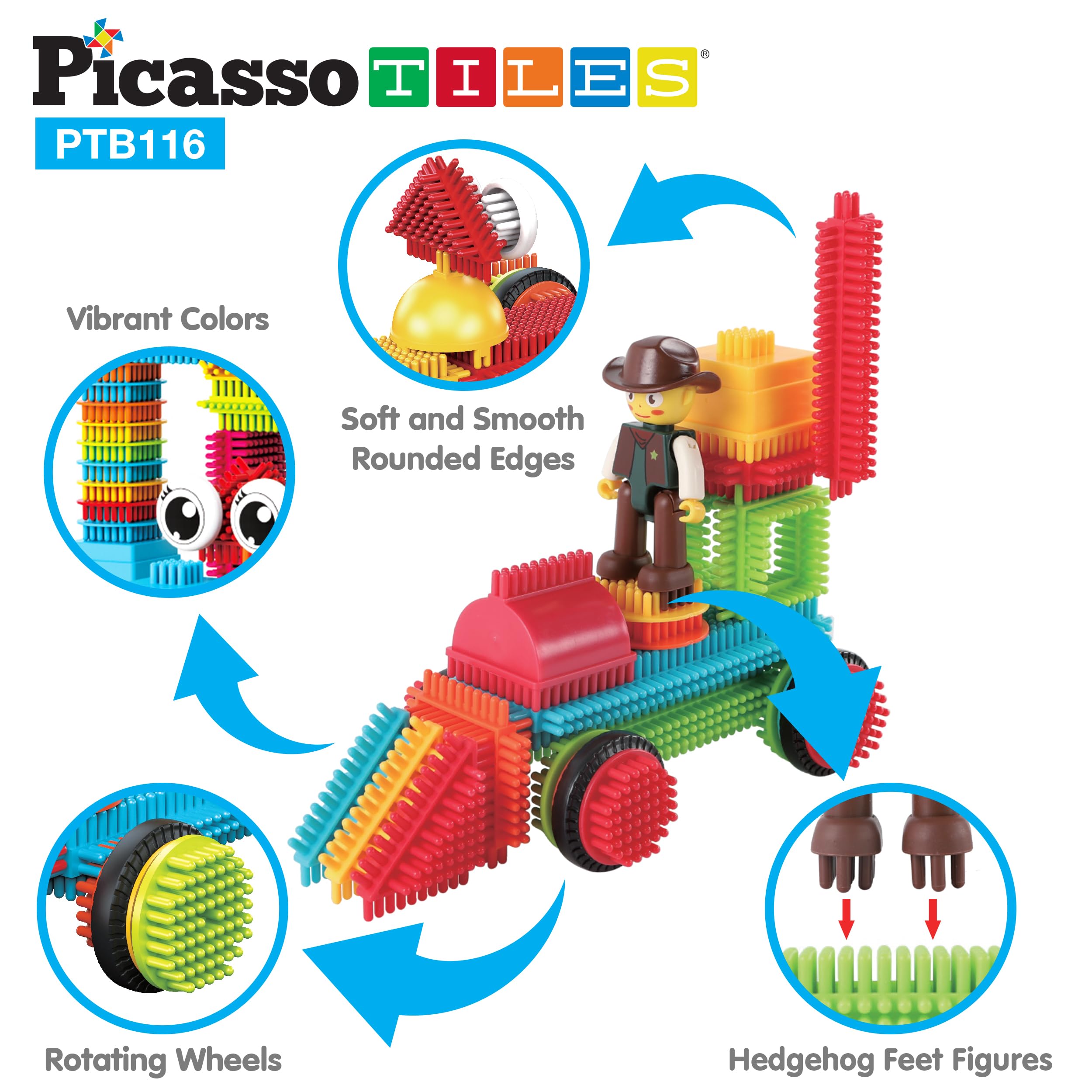 Picasso Toys 116pc Hedgehog Construction Building Blocks Toy Set Interlock Tiles with Idea Book, 4 Action Figure Characters, 4 Decorative Eyes STEM Learning Kit Playset for Boys Girls 3 and Up PTB116