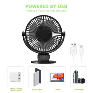 Ymumuda Desk Fan Clip on Fan, 3 Speeds Small USB Fan, 6.5 Inch Rechargeable Portable Fan, Strong Airflow & 360°Rotation Adjustable, Powered by USB, Sturdy Clamp for Office Desk - Black