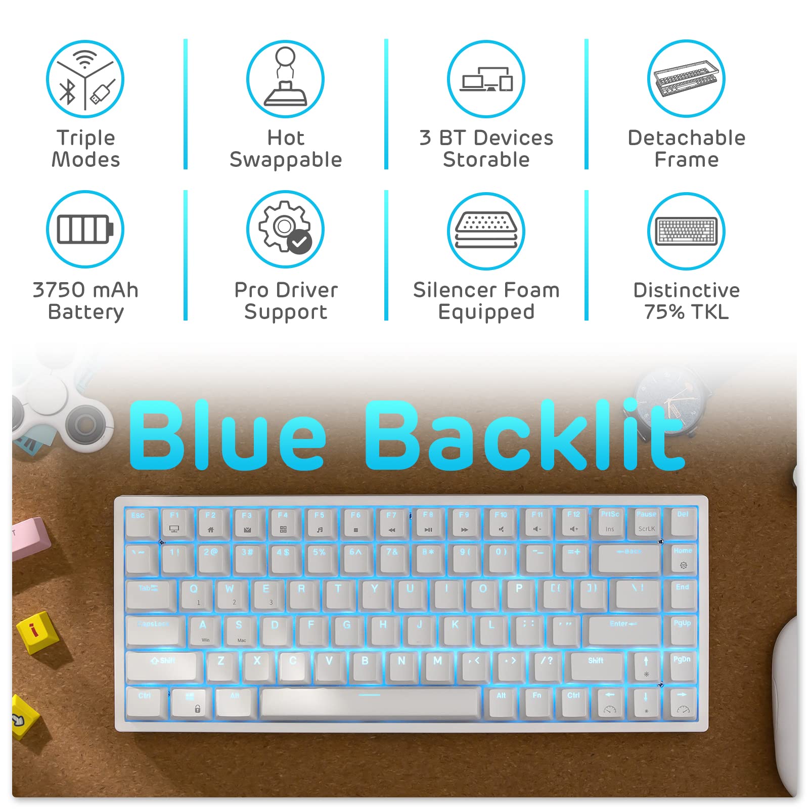 RK ROYAL KLUDGE RK84 Wireless Blue Backlit 75% Triple Mode BT5.0/2.4G/USB-C Hot Swappable Mechanical Keyboard, 84 Keys Tenkeyless Mechanical Keyboard w/Programmable Software, Blue Switch