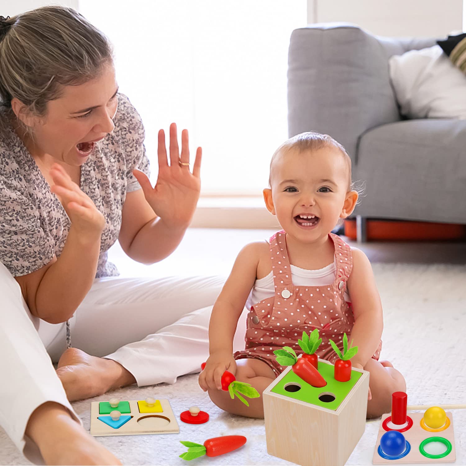 4 in 1 Wooden block Shape Sorter Montessori Toys for Toddler 1 2 3 Year Old Carrot pulling Harvest Catch Insect game Early Development Fine Motor Skills for Boy Girl 7 9 12 18 Birthday Easter Gifts