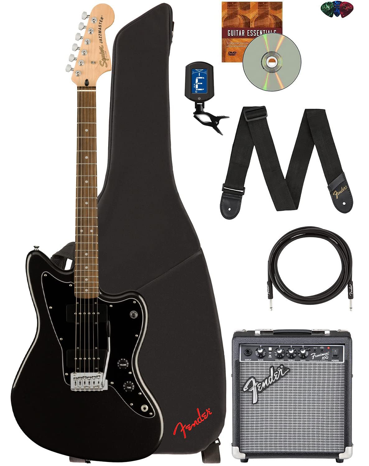 Fender Squier Affinity Jazzmaster - Metallic Black Bundle with Frontman 10G Amplifier, Instrument Cable, Gig Bag, Tuner, Strap, Picks, and Austin Bazaar Instructional DVD