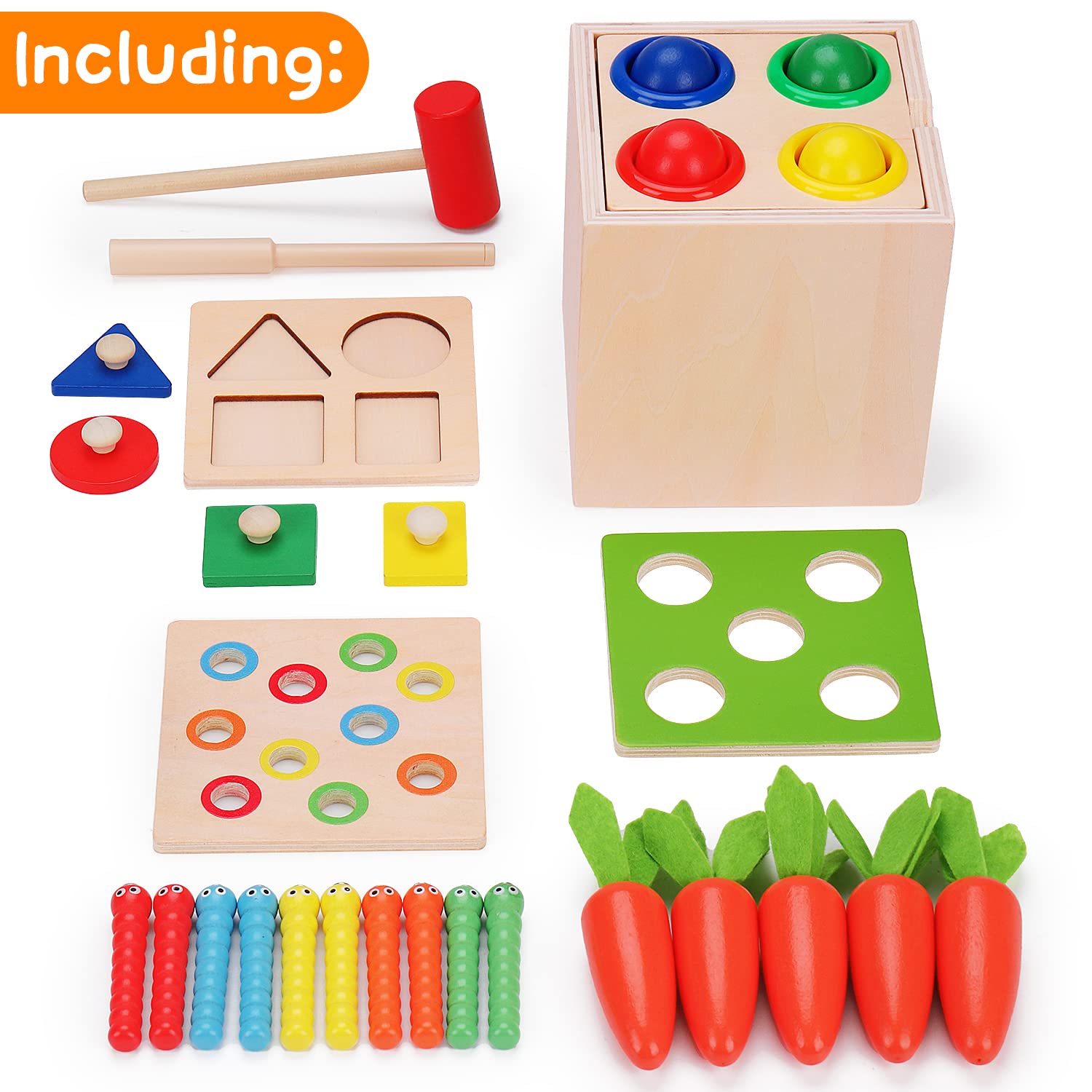 4 in 1 Wooden block Shape Sorter Montessori Toys for Toddler 1 2 3 Year Old Carrot pulling Harvest Catch Insect game Early Development Fine Motor Skills for Boy Girl 7 9 12 18 Birthday Easter Gifts