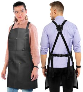 under ny sky leather apron - cross-back straps, riveted, vegan leather - for barbers, hairstylist, bartender, barista