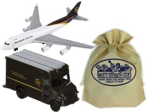 matty's toy stop daron ups (united parcel service) package truck & plane deluxe gift set bundle with exclusive storage bag - 2 pack