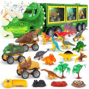 toyvelt dinosaur toys for kids 3-5 dinosaur truck carrier comes with 3 dino cars 12 dinosaurs - perfect toy gift for 3 4 5 6 7 years old boys