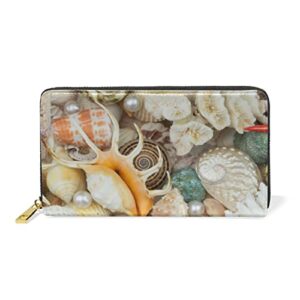 tropical seashells, pearls, corals and starfishes sea life leather long wallet organizer with zipper purse clutch bag for women men key card coin passport checkbook