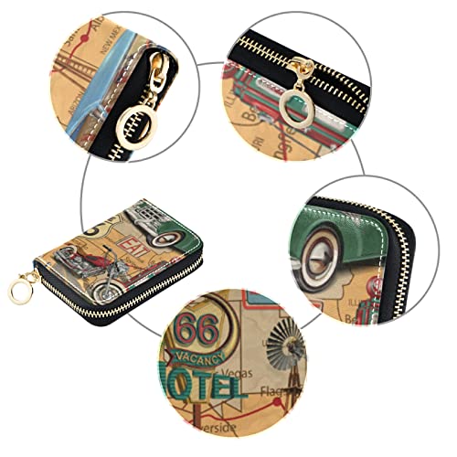 Vintage Route 66 Poster Blue, Yellow, Green Cars Motorcycle USA Flag Grey Credit Card Coin wallet, RFID Blocking Compact Women Leather Card Holder, Key Change Organizer, Zipper Purse Clutch Pouch