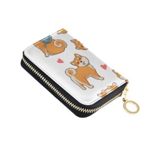 funny orange shiba inu dogs in different poses on white grey credit card coin wallet, rfid blocking compact women leather card holder, key change organizer, zipper purse clutch pouch