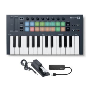 novation flkey mini 25-key midi keyboard controller for fl studio bundle with sustain pedal and 4-port usb 3.0 hub (3 items)