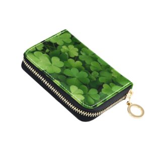 st patrick's day green seamless shamrock clover lucky four leaves grey credit card coin wallet, rfid blocking compact women leather card holder, key change organizer, zipper purse clutch pouch