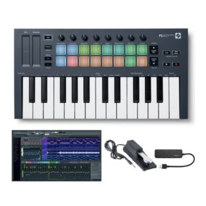 novation flkey mini 25-key midi keyboard controller for fl studio bundle with 20 fruity edition software (boxed), keyboard piano style sustain pedal (black) and 4-port usb 3.0 hub (4 items)