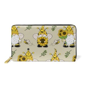 seamless pattern with yellow gnomes, bees and sunflowers leather long wallet organizer with zipper purse clutch bag for women men key card coin passport checkbook