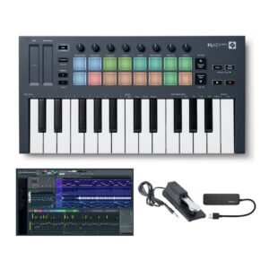 novation flkey mini 25-key midi keyboard controller bundle for fl studio with 20 producer edition (boxed), keyboard piano style sustain pedal (black) and 4-port usb 3.0 hub (4 items)