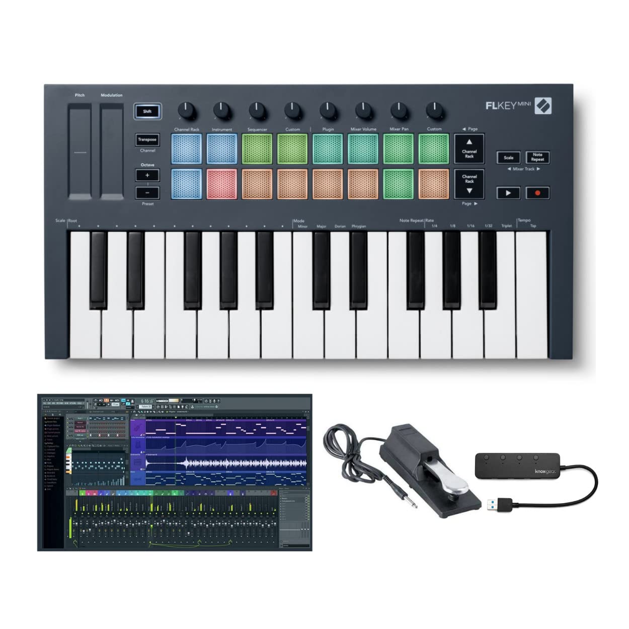 Novation FLkey Mini 25-Key MIDI Keyboard Controller Bundle for FL Studio with 20 Producer Edition (Boxed), Keyboard Piano Style Sustain Pedal (Black) and 4-Port USB 3.0 Hub (4 Items)