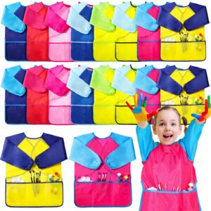 janmercy 18 pcs kids art smocks painting apron waterproof art smock long sleeve with pocket for eating craft, age 5-8 years(multi colors)