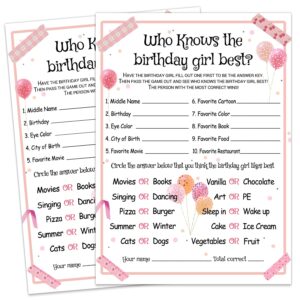 who knows the birthday girl best - birthday girl party game - girl birthday party activity notebook themed party activity and idea - girl birthday supplies, activity, decorations - 20 game cards