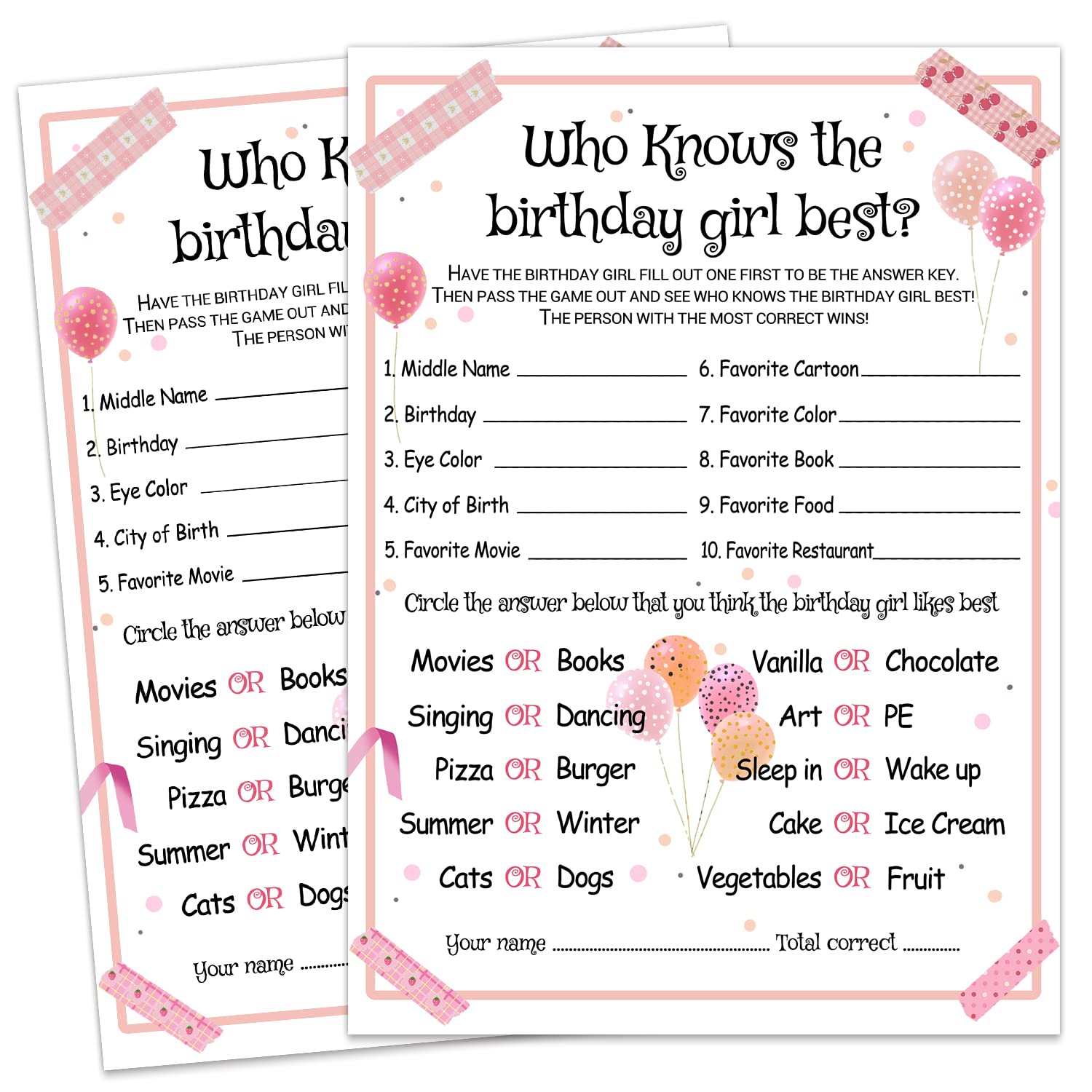 Who Knows The Birthday Girl Best - Birthday Girl Party Game - Girl Birthday Party Activity Notebook Themed Party Activity and Idea - Girl Birthday Supplies, Activity, Decorations - 20 Game Cards