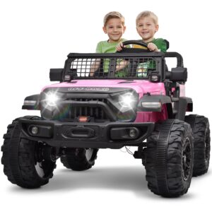 blitzshark 24v max ride-on truck 2 seater 4wd kids electric vehicle 4x4 xxl battery powered car, with 480w ultra powerful motor, 7ah battery, remote control, full-metal suspension& diy sticker, pink