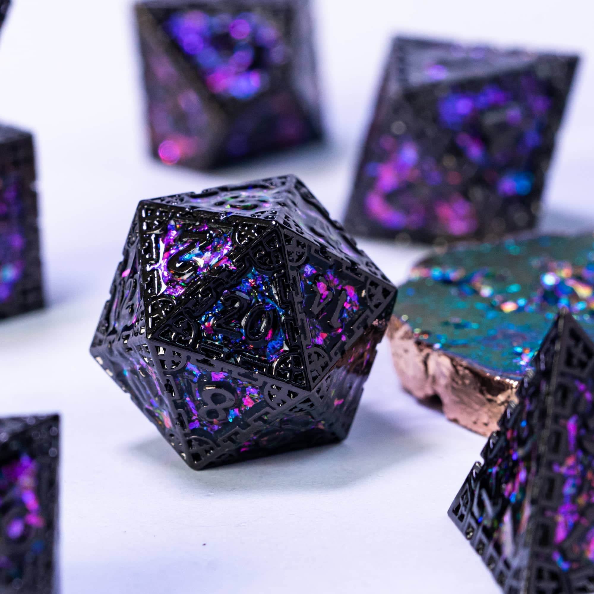 UDIXI Metal DND Dice Set, 7PCS Polyhedral D&D Dice Set Dragon d and d Dice for MTG Dungeons and Dragons Role Playing Games (Purple Sequins)