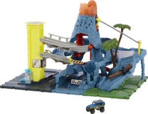 matchbox cars playset, action drivers volcano escape with 1:64 scale vehicle, kid- & car-activated features, lava explosion