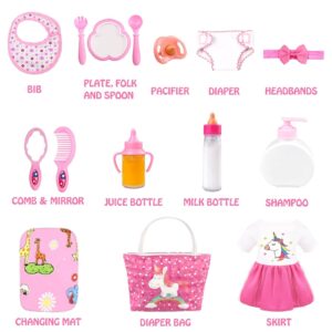 BNUZEIYI Baby Doll Accessories -Baby Doll Feeding and Caring Set with Diaper Bag Bottles for Girls Toys Gift, Stuff Doll Clothes fit 14-16 Inch Doll and 18 Inch Doll