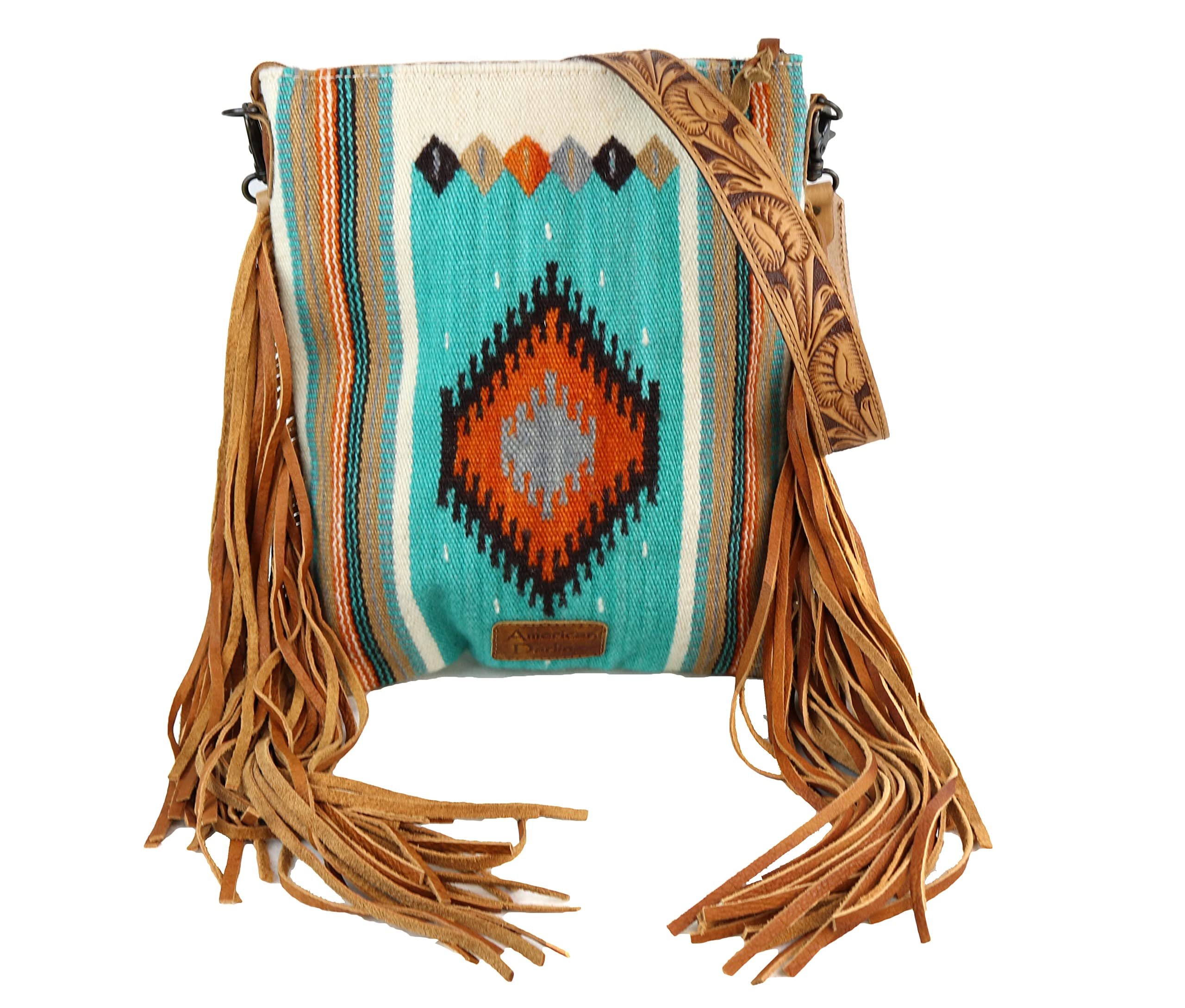 American Darling Aztec And Fringe Crossbody In Teal ADBG298E