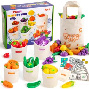 69 pcs wooden play food sets for kids kitchen, pretend food toys for toddlers, play kitchen toys, fake fruit/vegetable accessories with sorting bag, play money, birthday gifts for boys girls age 3+