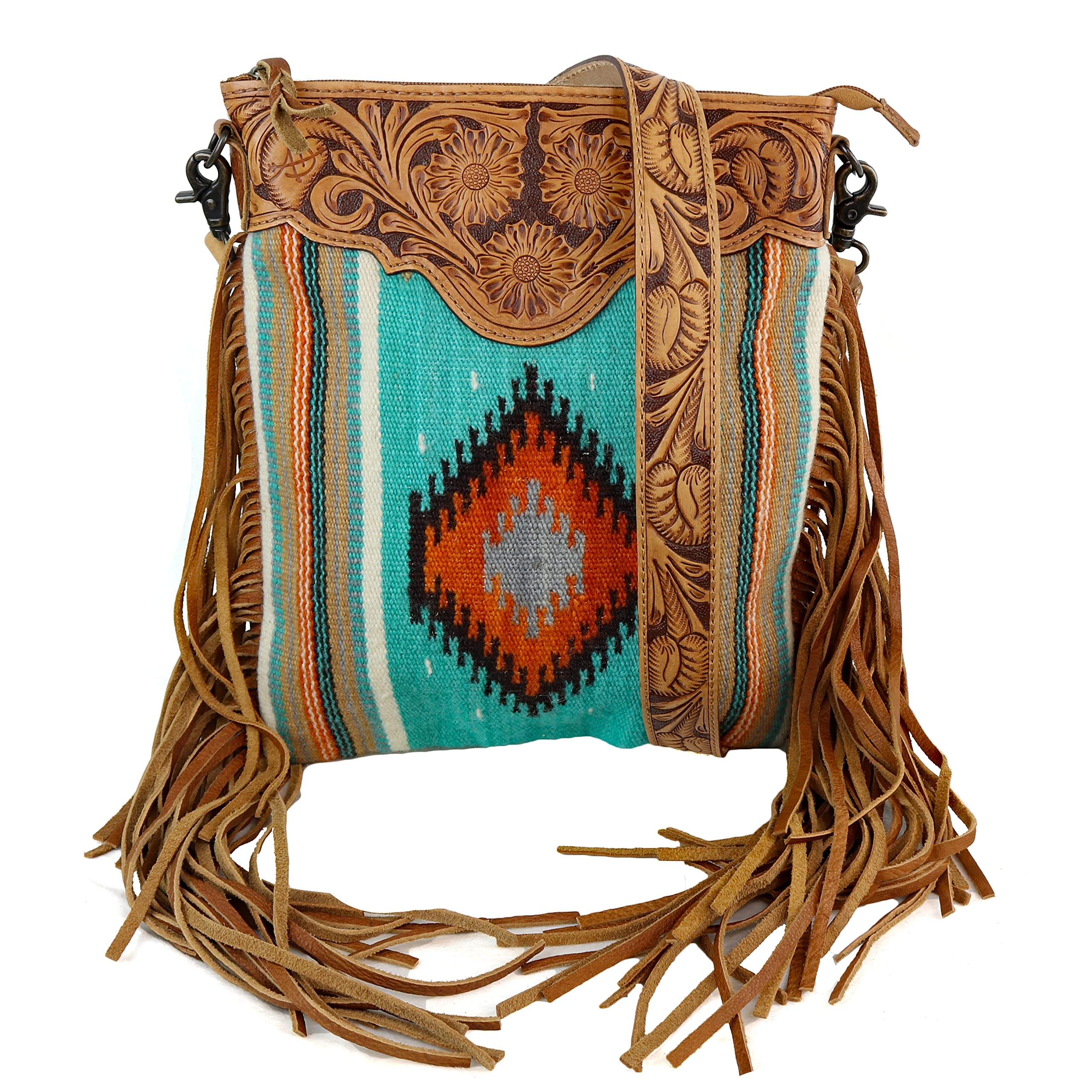 American Darling Aztec And Fringe Crossbody In Teal ADBG298E