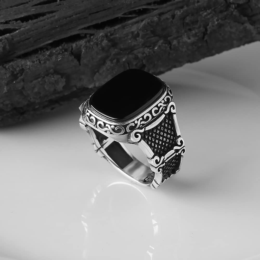 925 Sterling Silver Men Silver Ring with Onyx Stone, Handmade Engraved Black Onyx Gemstone Silver Ring, Gift for him, Minimalist Silver Ring