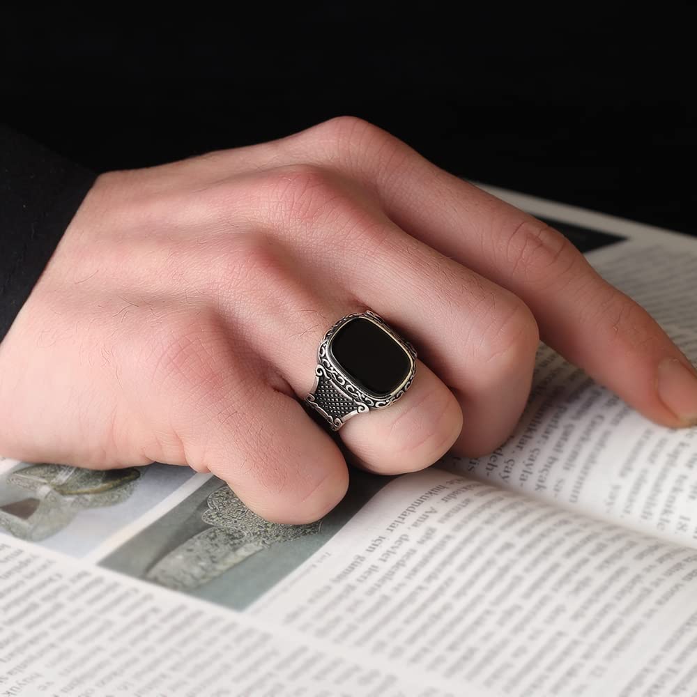 925 Sterling Silver Men Silver Ring with Onyx Stone, Handmade Engraved Black Onyx Gemstone Silver Ring, Gift for him, Minimalist Silver Ring