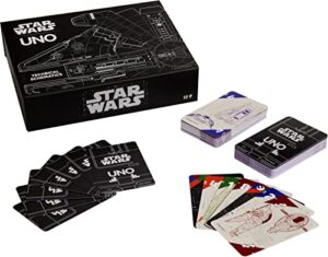 mattel games uno star wars technical schematics card game for kids & adults with blueprints of space stations, ships & droids