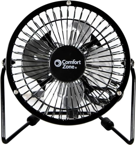 Comfort Zone Mini Portable Desk Fan with 360-Degree Adjustable Tilt, Dual Powered (USB or Power Cord), 4 inch, All-Metal Construction, Airflow 3.31 ft/sec, Ideal for Home, Bedroom & Office, CZHV4BK