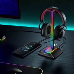 New bee RGB Headphone Stand with 1 USB-C Charging Port and 1 USB Charging Port, Desk Gaming Headset Stand with 7 Light Modes for All Earphone Accessories (Black)