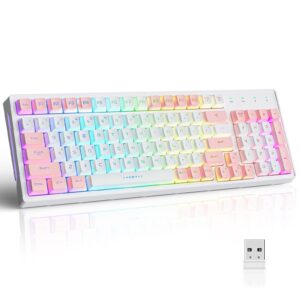 gk98 wireless gaming keyboard,2.4g rechargeable rgb white backlit ergonomic 98 keys mechanical feeling dual color keyboard for office windows mac pc xbox ps4 gamer(whitepink)