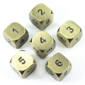 gold metal d6 dice - set of six, antique finish